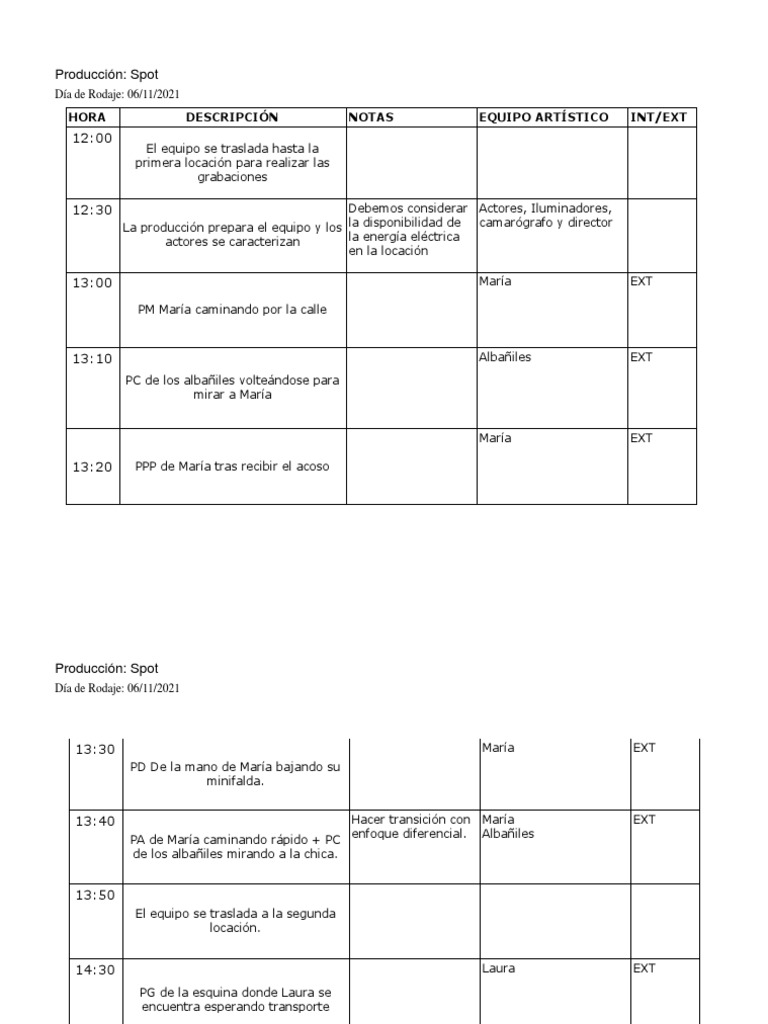 Plan de Rodaje Spot | PDF