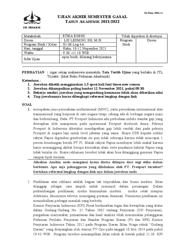 Soal Uts Etika Bisnis | PDF | Bisnis