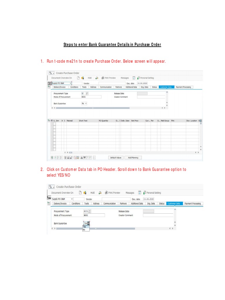 Run T-Code Me21n To Create Purchase Order. Below Screen Will Appear | PDF