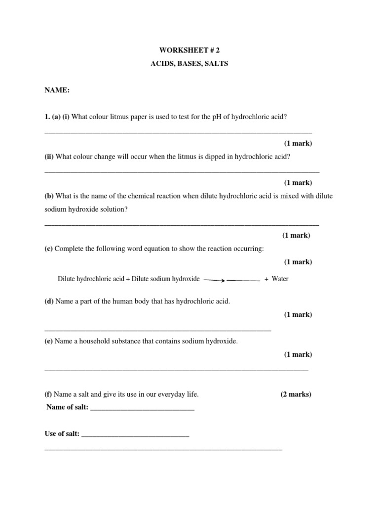 Acids, Bases, and Salts Worksheet | PDF | Ph | Acid