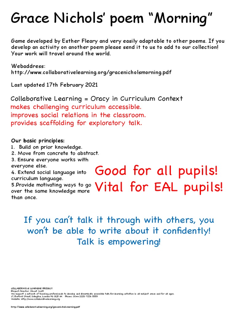 Grace Nichols' Poem "Morning": Good For All Pupils! Vital For EAL ...