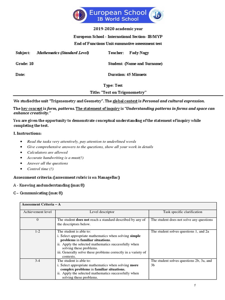 Summative Trig Test Cr A C Pdf Educational Assessment Trigonometry