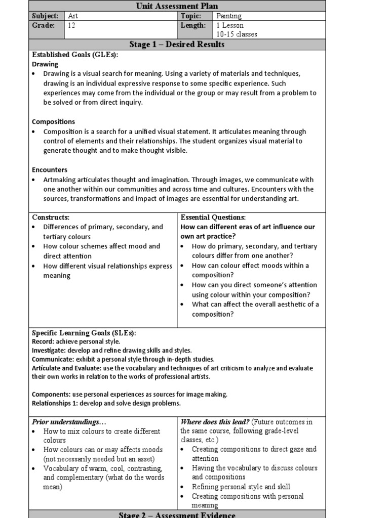 Unit Assessment Plan - Art30 | PDF | Composition (Visual Arts) | Drawing