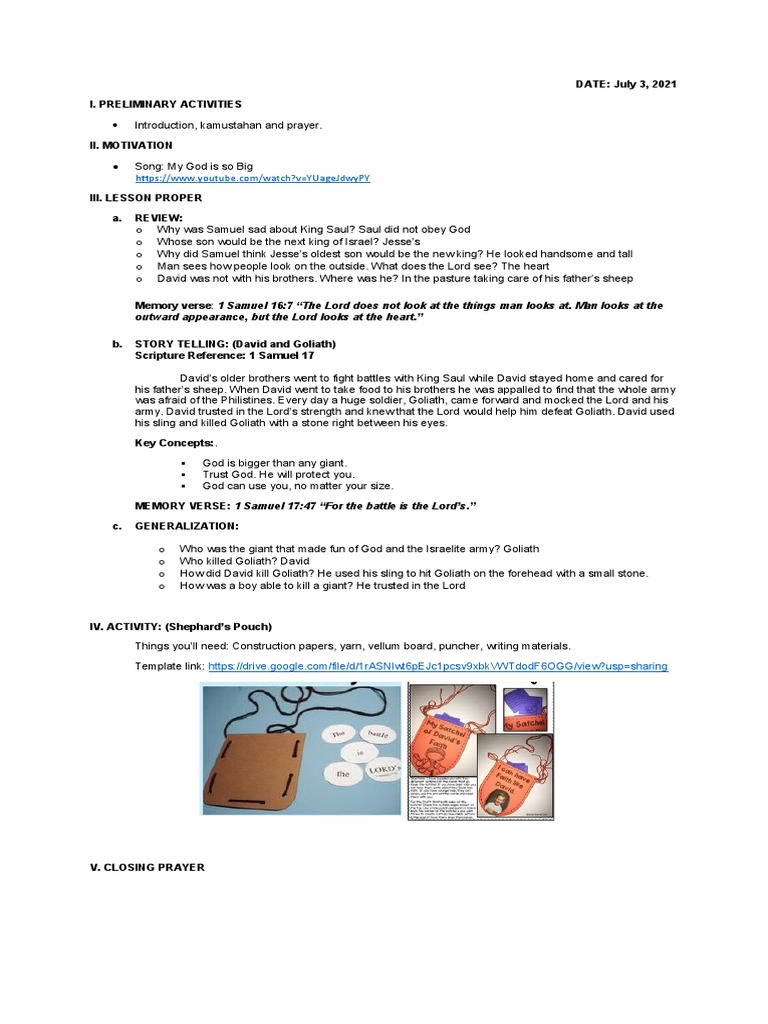 Sunday School Lesson Plan | PDF | Elijah | Goliath