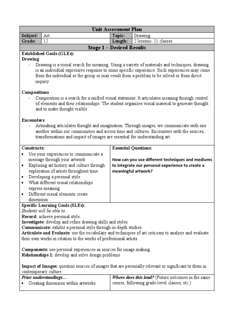 Unit Assessment Plan - Art 30 - Drawing | PDF | Reading Comprehension ...