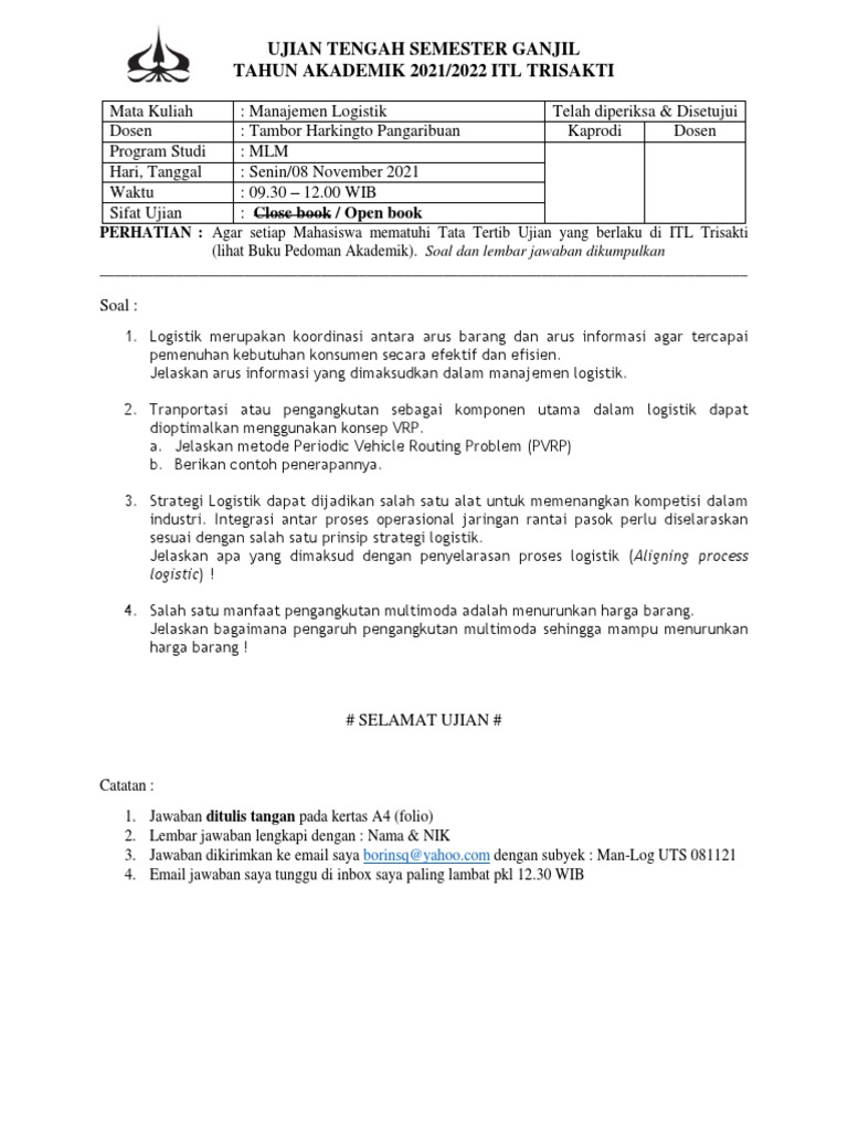 Soal UTS ManLog - Ganjil 2021 | PDF