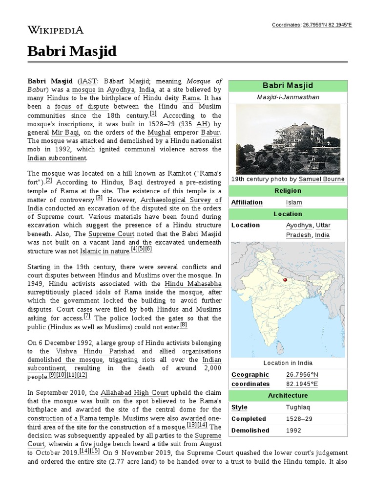 Babri Masjid: Babri Masjid (IAST: Bābarī Masjid Meaning Mosque of | PDF