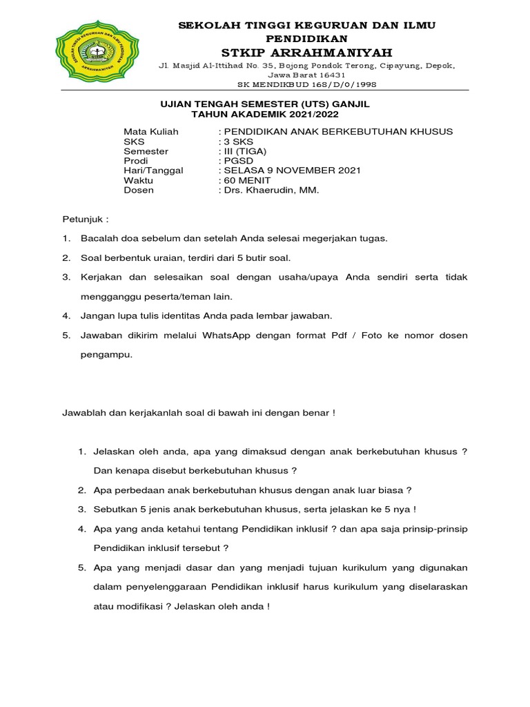 Soal Ujian Tengah Semester - Matkul Pendidikan Abk - Semester 3 - 2021 ...