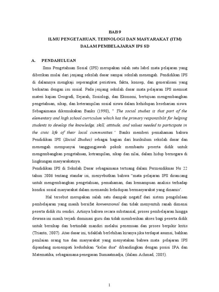 Bab 9 Ilmu Pengetahuan, Tehnologi Dan Masyarakat (Itm) Dalam Pembelajaran Ips SD | PDF
