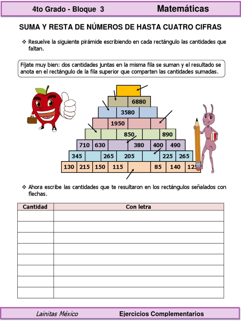 4to Grado - Matemáticas - Suma y Resta de Números de Cuatro Cifrasb3 | PDF