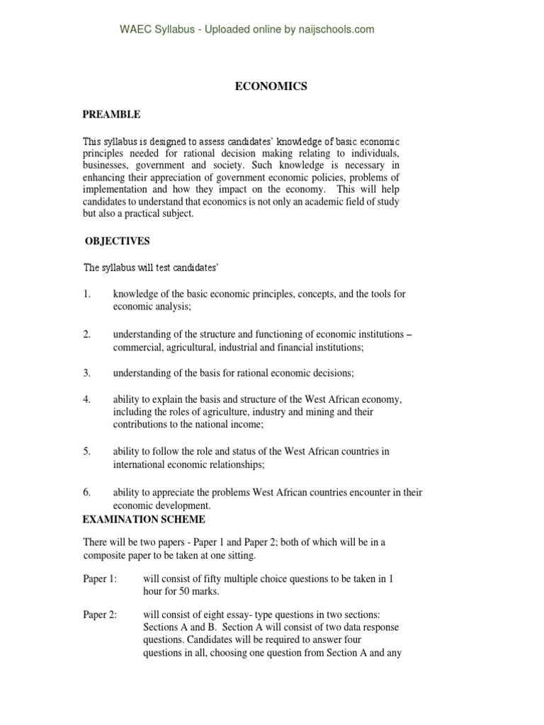 WAEC Syllabus For Economics | PDF | Supply (Economics) | Supply And Demand