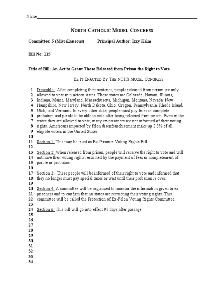 Mock Congress Bill Format | PDF | Voting Rights In The United States ...