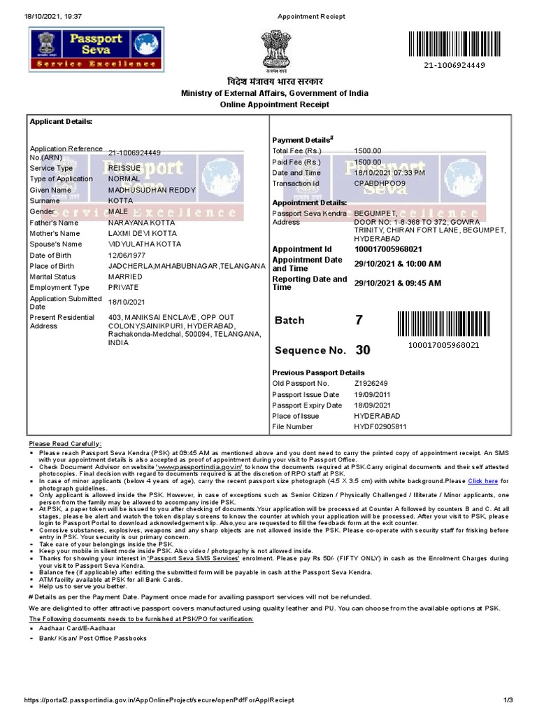 Appointment Receipt for Passport Reissue | PDF | Identity Document ...
