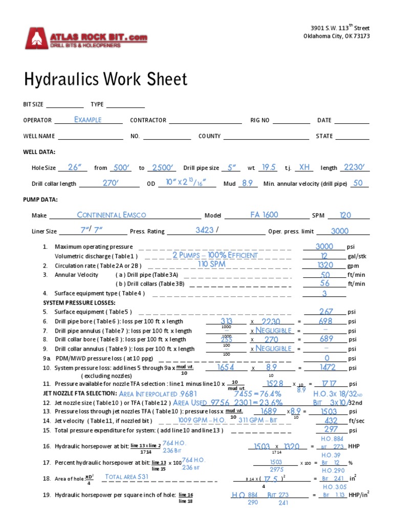 Hydraulics Work Sheet: Xample | PDF | Drill | Drilling Rig