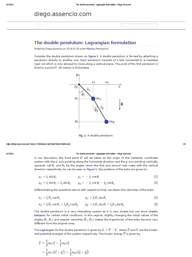 The Double Pendulum - Lagrangian Formulation - Diego Assencio | PDF | Lagrangian Mechanics ...