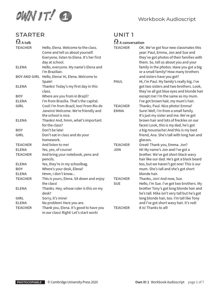 Starter Unit 1: Workbook Audioscript | PDF
