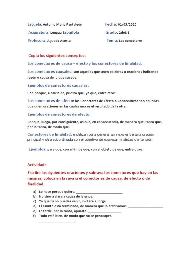 Los Conectores de Causa-Efecto y Los Conectores de Finalidad. | PDF