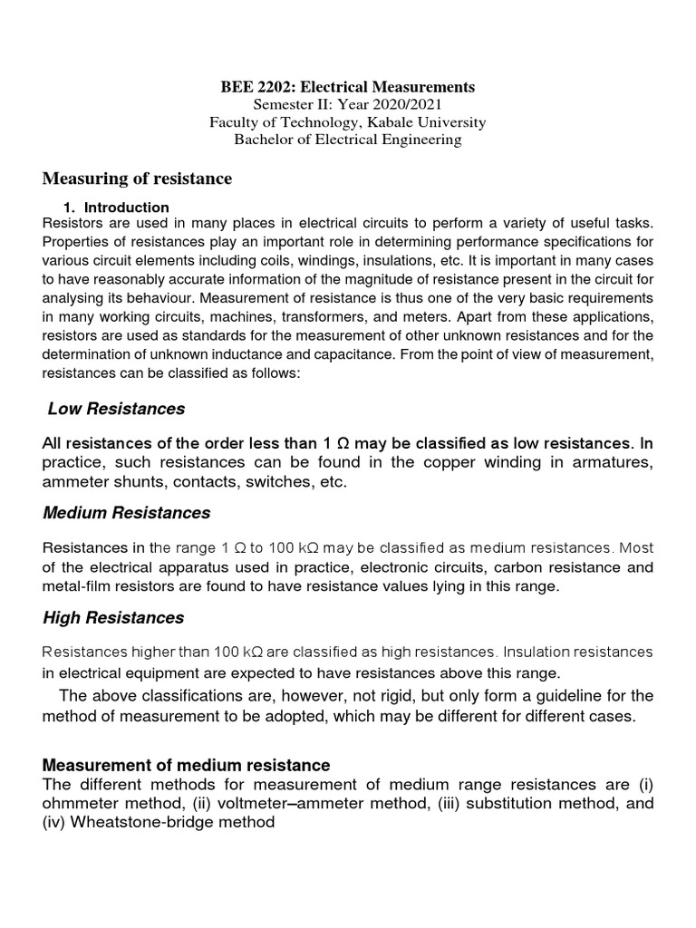 Electrical Measurements and Resistance Measurement Methods | PDF ...