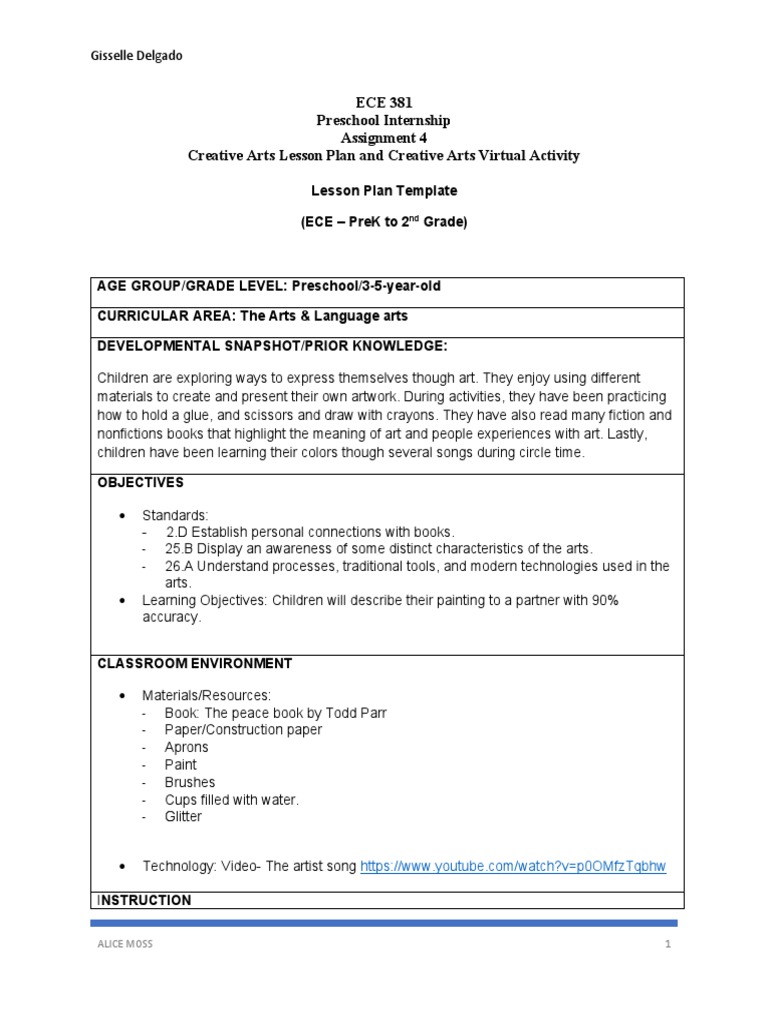 Assignments 4 - Creative Arts Lesson Plan and Creative Arts Video 6 ...