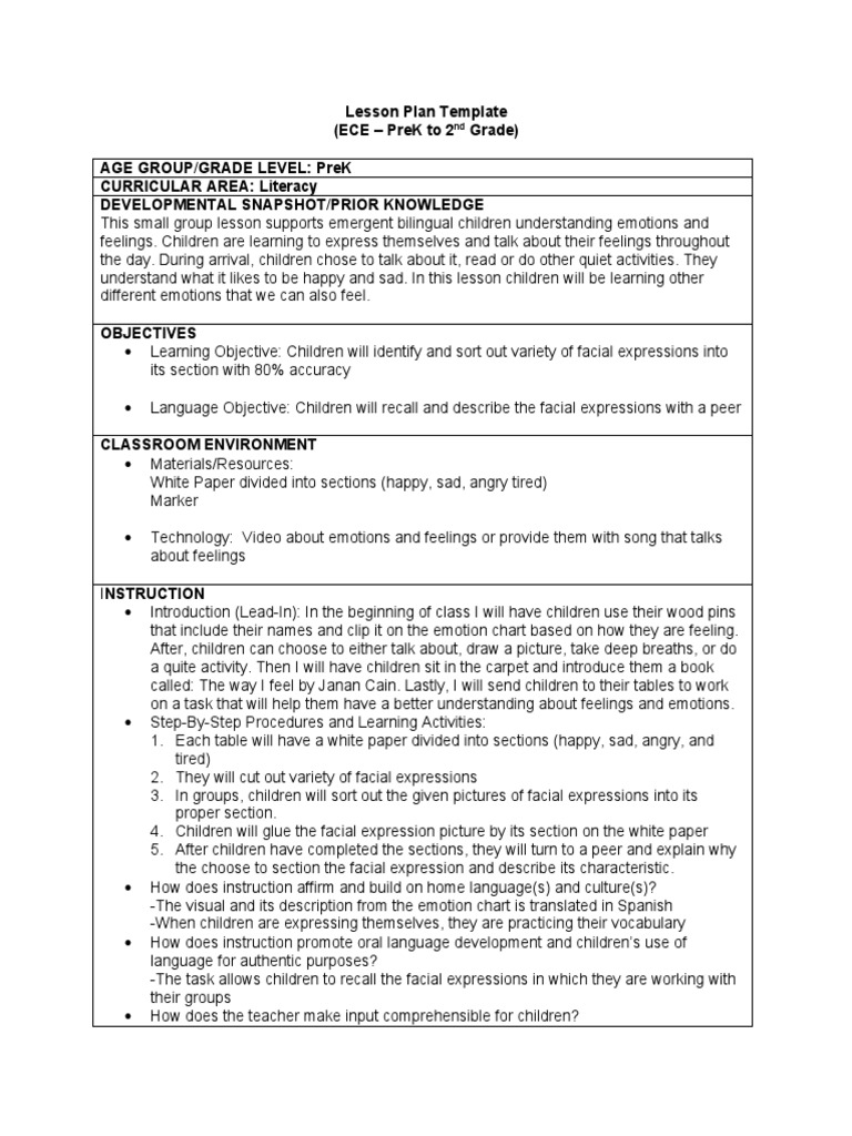 Lesson Plan Template (Ece - Prek To 2 Grade) Age Group/Grade Level ...