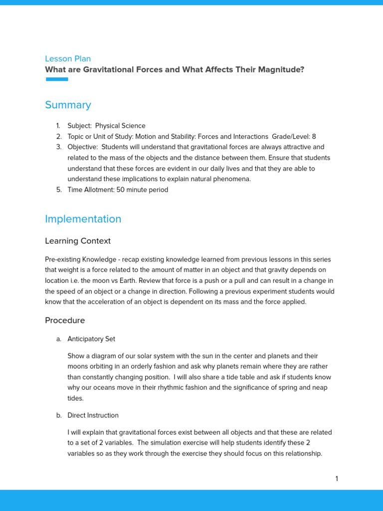 Saxton Gravitational Forces Lesson Plan 10 18 21 | PDF | Gravity | Force