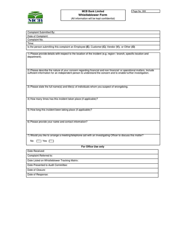 Whistleblower Form: MCB Bank Limited | PDF