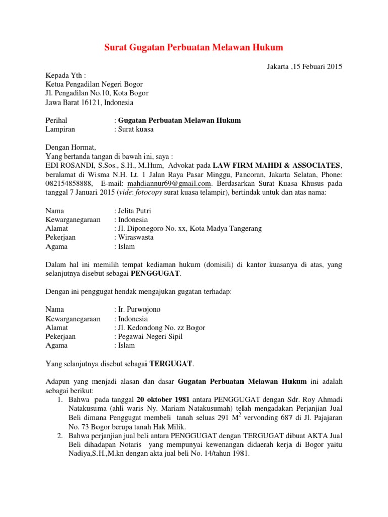 Contoh Gugatan Perdata Perbuatan Melawan Hukum | PDF