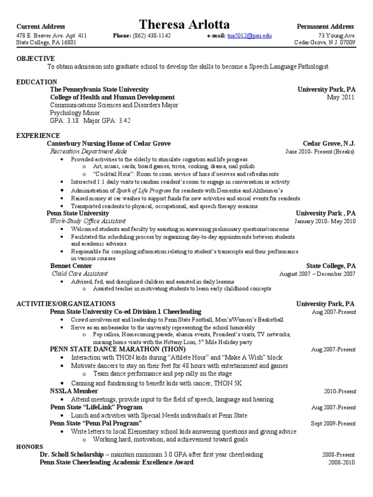 Theresa Arlotta Resume Penn State | Speech Language Pathology ...