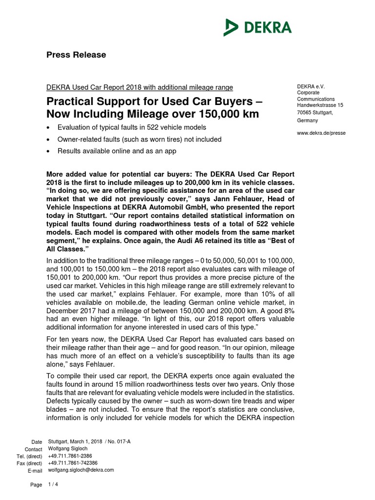 Dekra Press Release Used Car Report | PDF | Used Car | Fuel Economy In ...