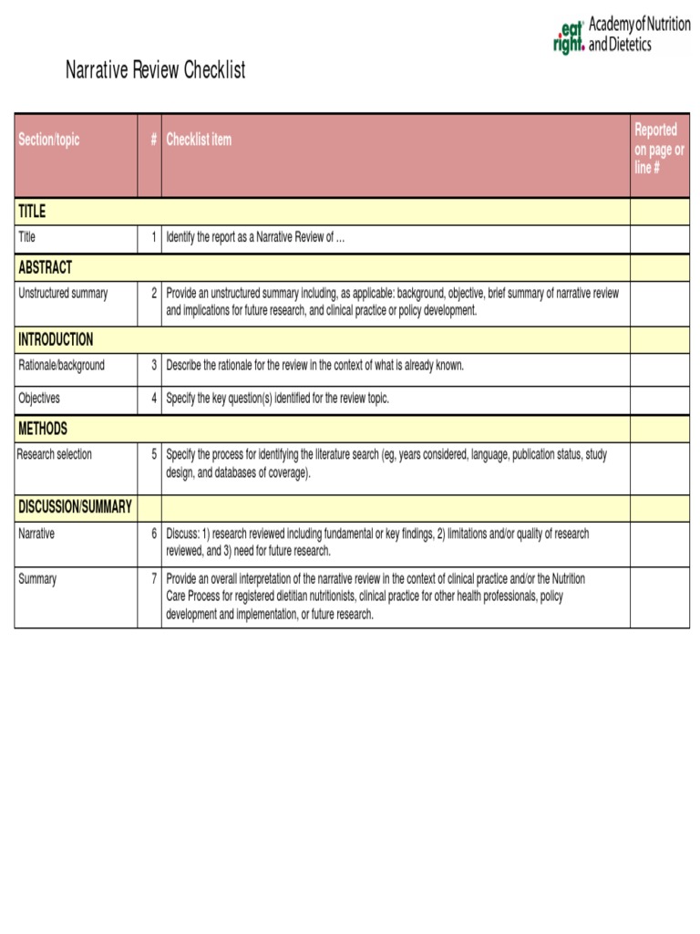 Narrative Review Checklist: Section/topic # Checklist Item Reported On ...
