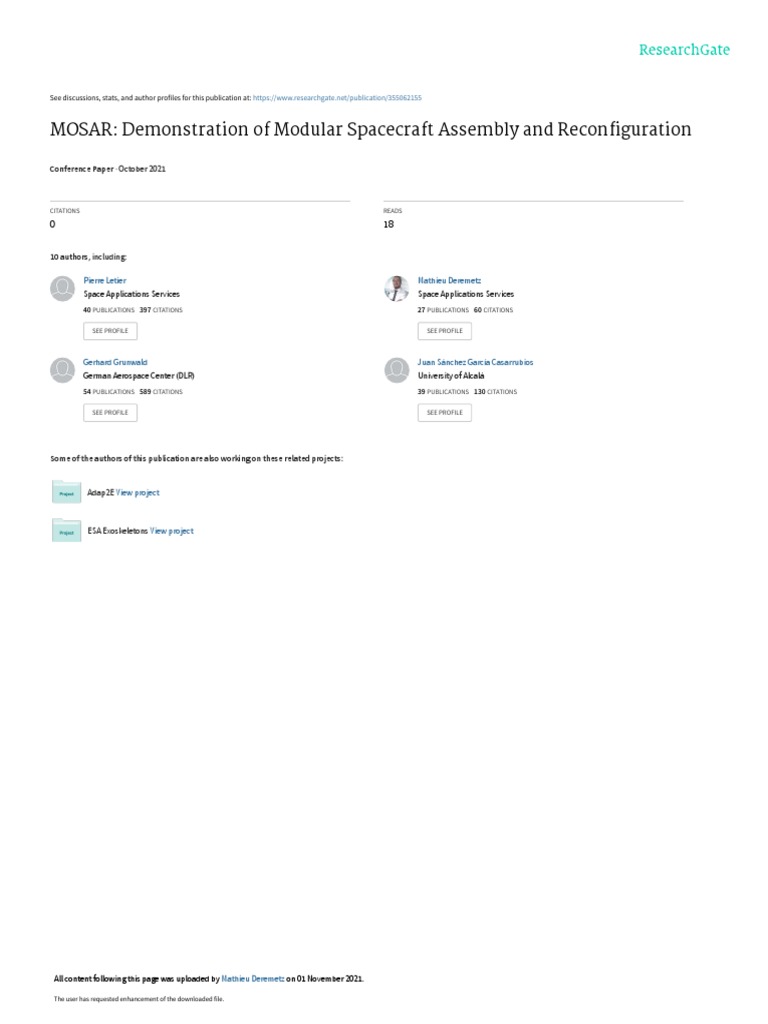 MOSAR: Demonstration of Modular Spacecraft Assembly and Reconfiguration | PDF | Modularity ...