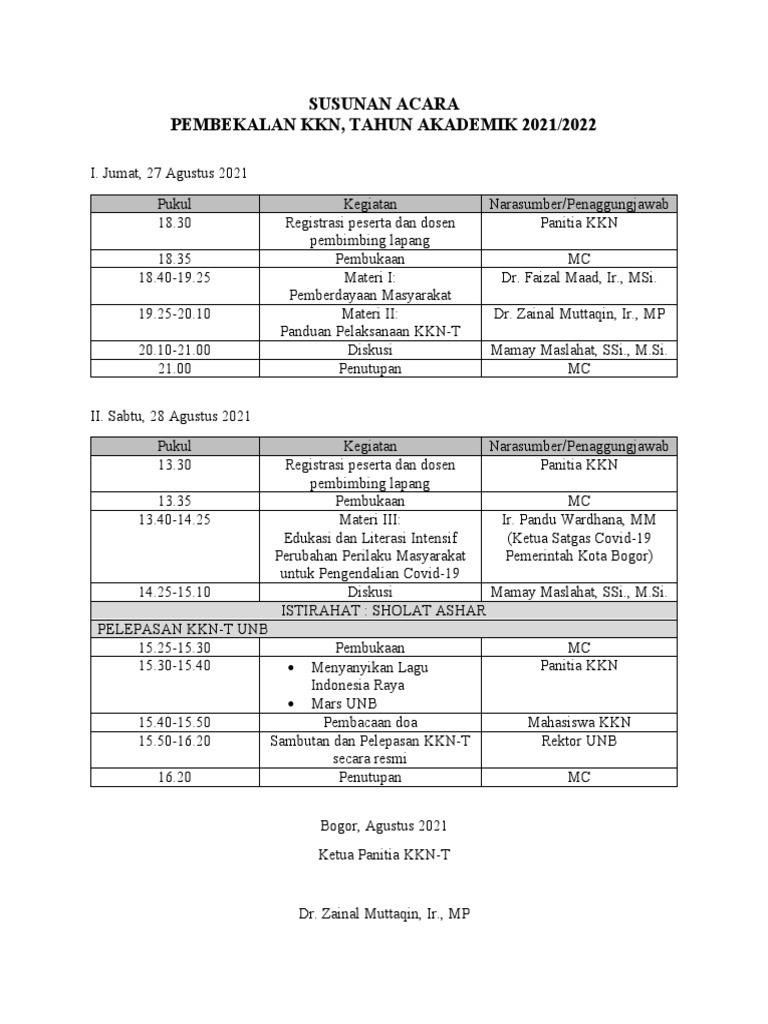 Susunan Acara Pembekalan KKN Unb 2021-2 | PDF
