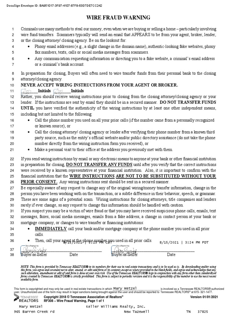 TAR RF308 - Wire Fraud Warning | PDF | Email Spam | Real Estate Broker