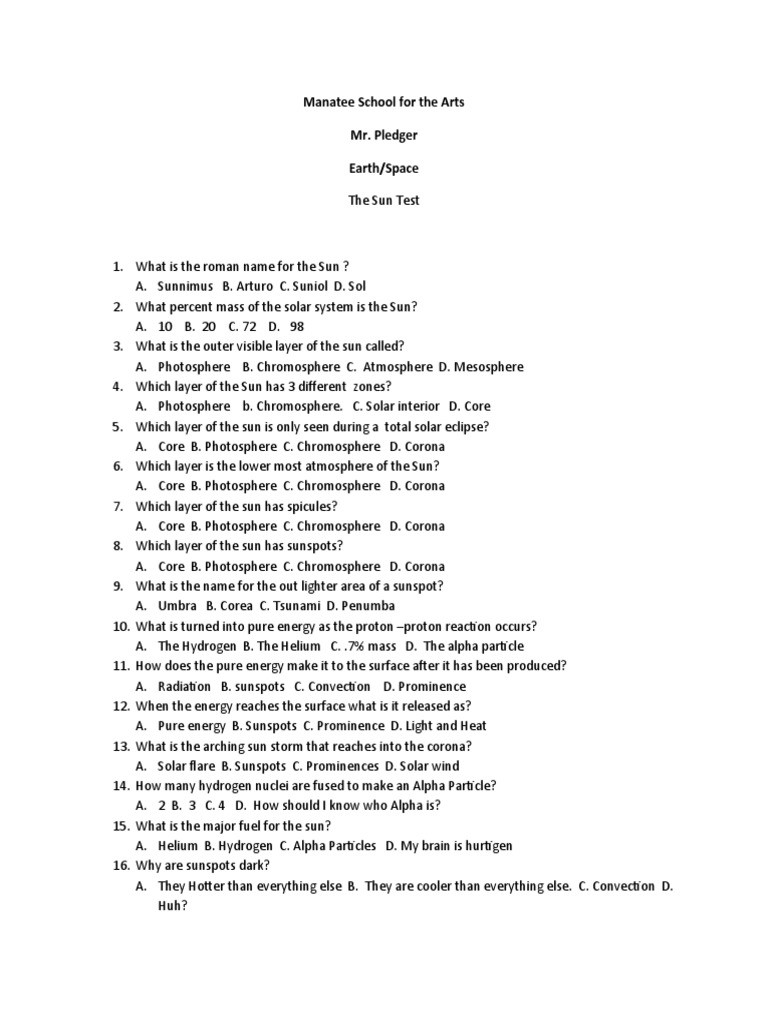 Sun Test Questions and Creative Puzzles | PDF | Sun | Phases Of Matter