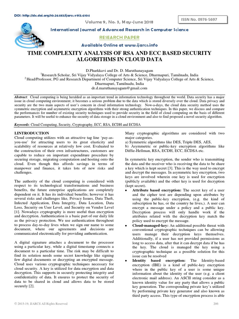 Time Complexity Analysis of Rsa and Ecc Based Security Algorithms in Cloud Data | PDF ...