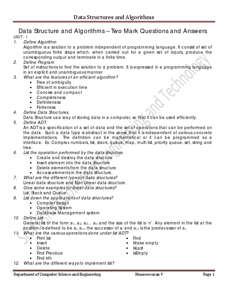 Data Structure and Algorithms - Two Mark Questions and Answers | PDF | Computational Complexity ...