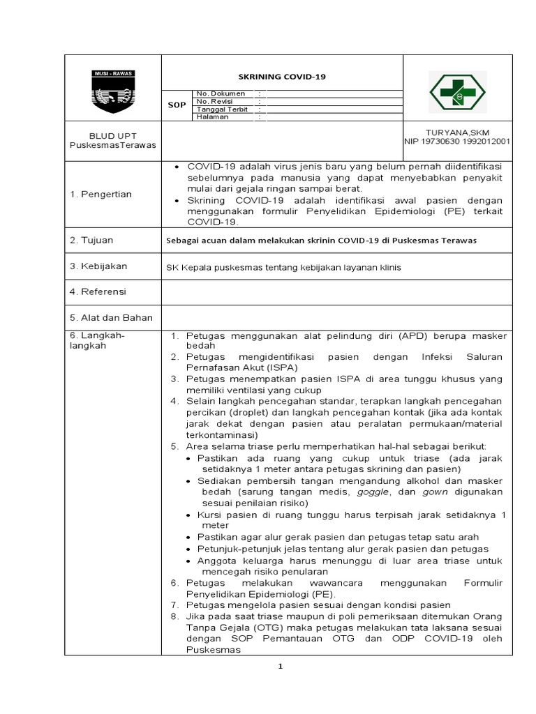 SOP Skrining COVID-19 di Puskesmas | PDF