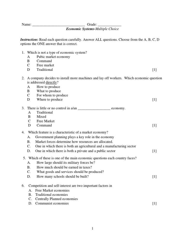 Economic Systems Quiz and Answers | PDF | Economic System | Market ...