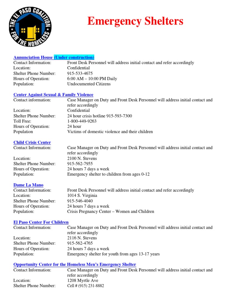 Coalition Homeless Shelter Listing | PDF | Human Rights