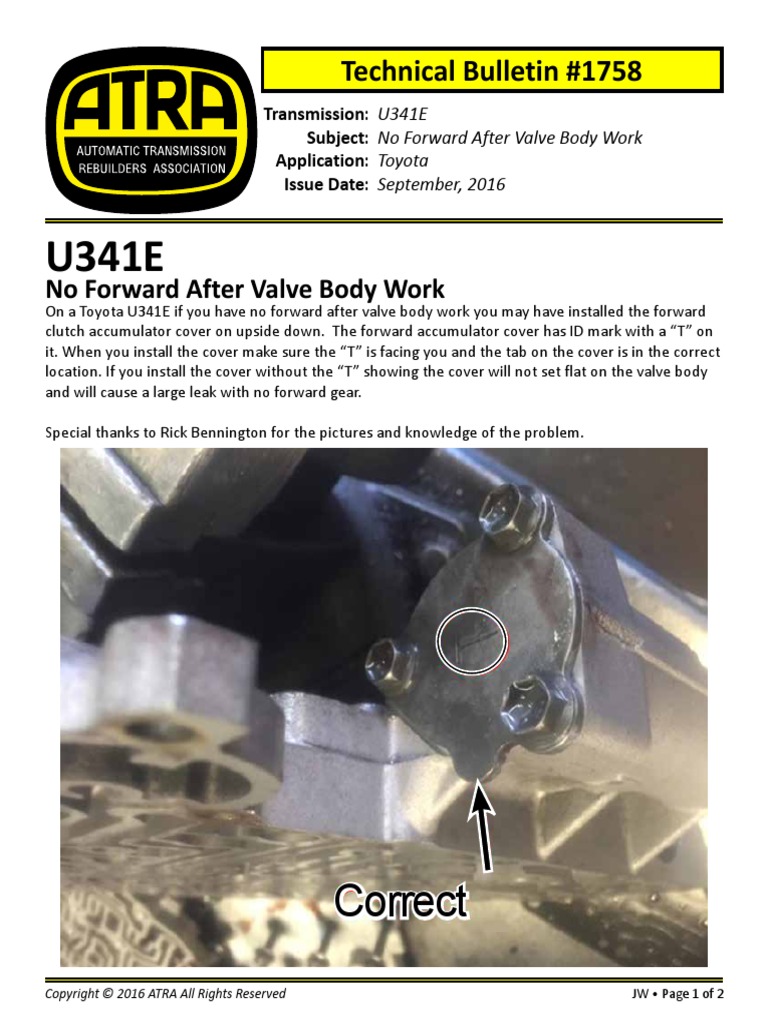 Atb1758 U341E TOYOTA NO FORWARD AFTER VALVE BODY WORK | PDF