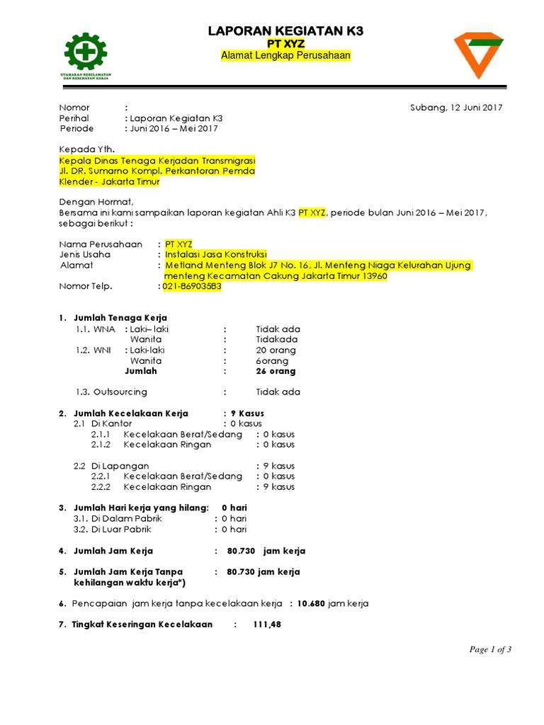 (PT. MMS) Contoh Laporan K3 | PDF