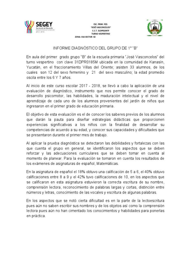 Informe diagnóstico del grupo de primer grado "B" de la Escuela ...