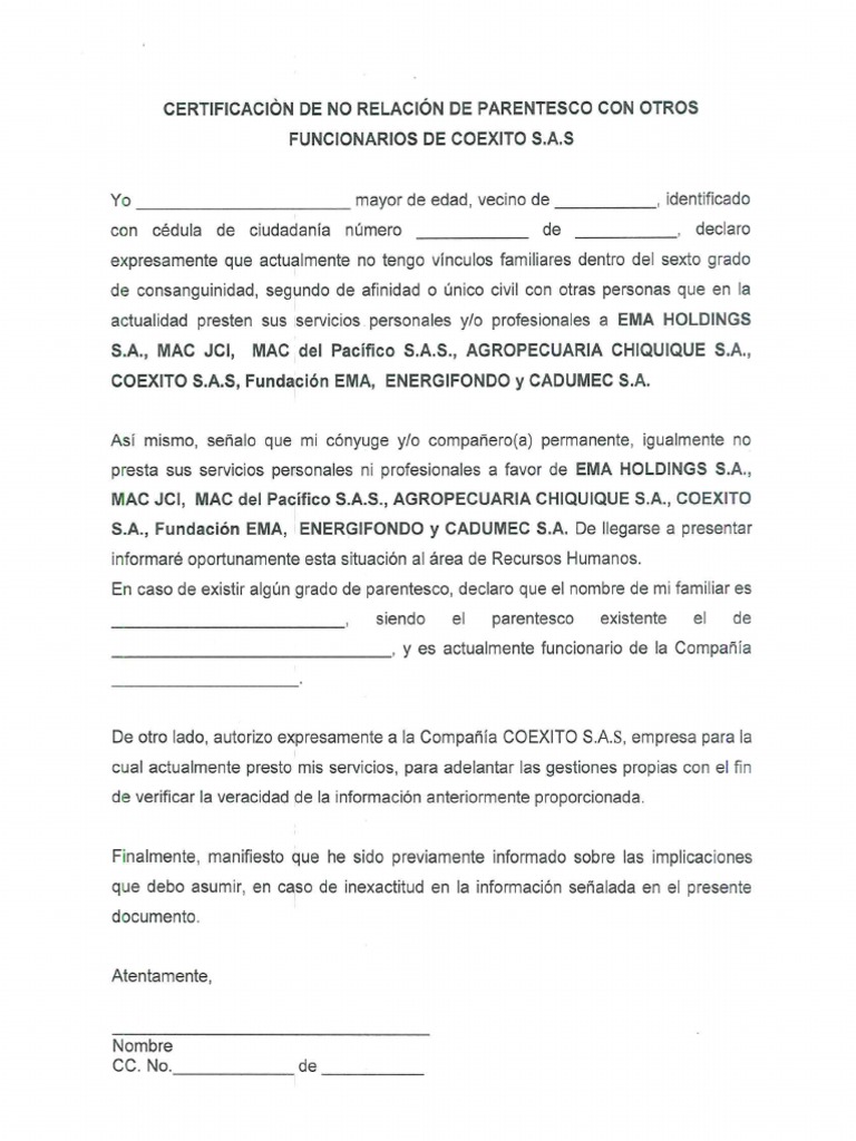 Certificacion No Relacion de Parentesco | PDF