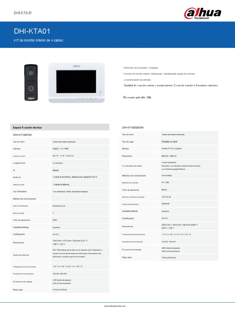 Dahua Kta01 Kit Video Portero Frente Calle Analógico Ficha Tecnica ...