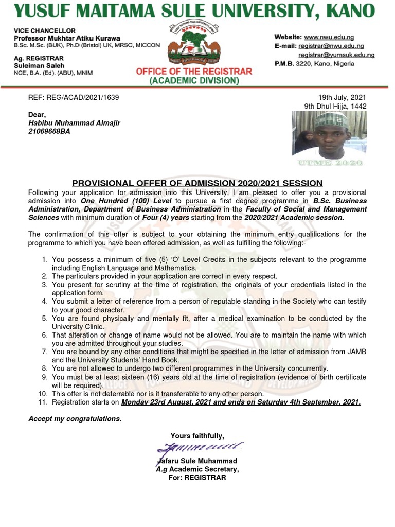 Provisional Admission Offer 2020/2021 | PDF | University And College ...