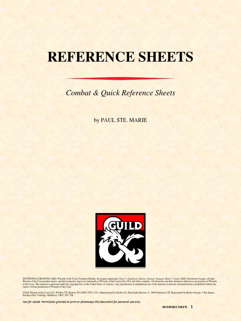 Combat & Quick Reference Sheets | PDF | Wizards Of The Coast | Dungeons ...