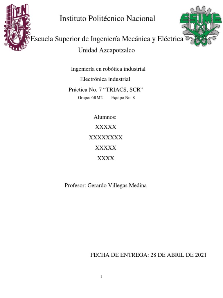 Práctica No. 7 "Triacs, SCR" | PDF | Resistencia Eléctrica y ...