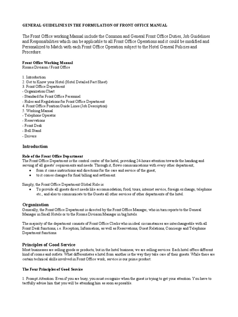 Front Office Manual | PDF | Telephone | Hotel