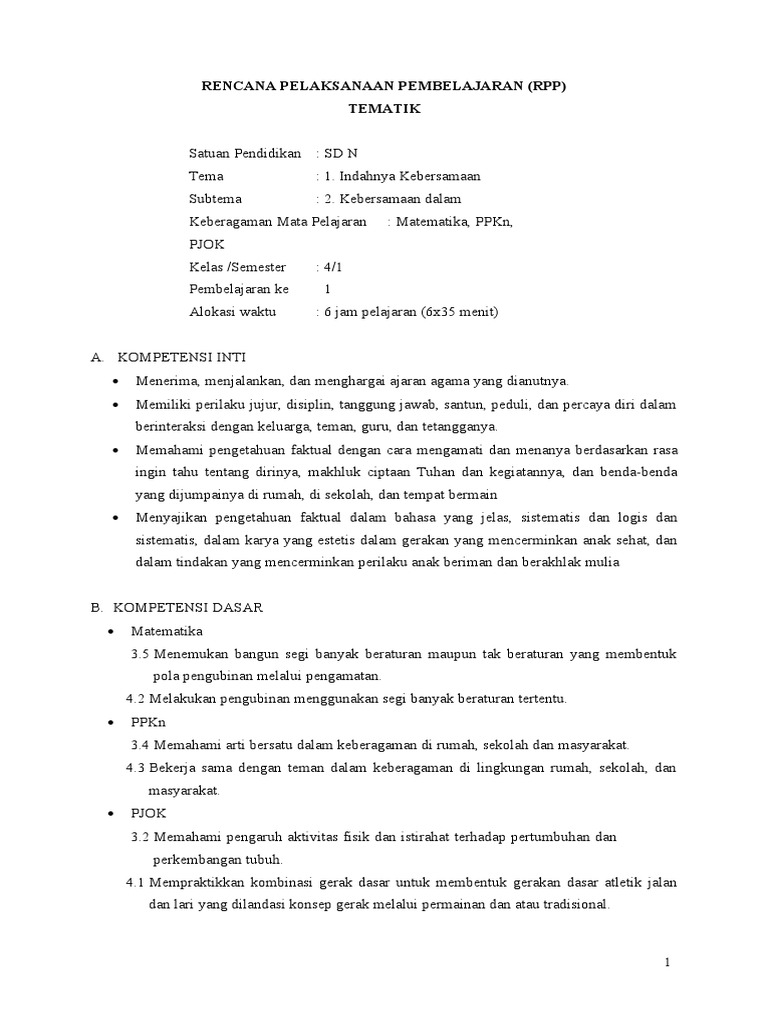 RPP Kelas IV Tema 1 Subtema 2 | PDF