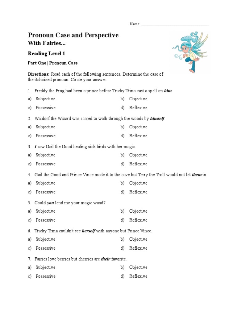 Pronoun Case and Perspective Worksheet Reading Level 01 | PDF ...